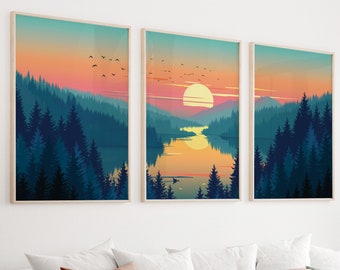 Bright Colorful Mountain Wall Art Set of 3 Print, Minimalist Bright ...