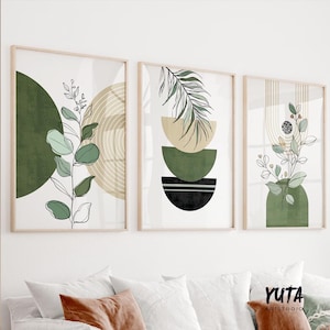 Green Black Boho Wall Art Set of 3 Prints. Mid Century Modern Room ...
