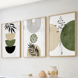 Green Black Boho Wall Art Set of 3 Prints. Mid Century Modern Room ...