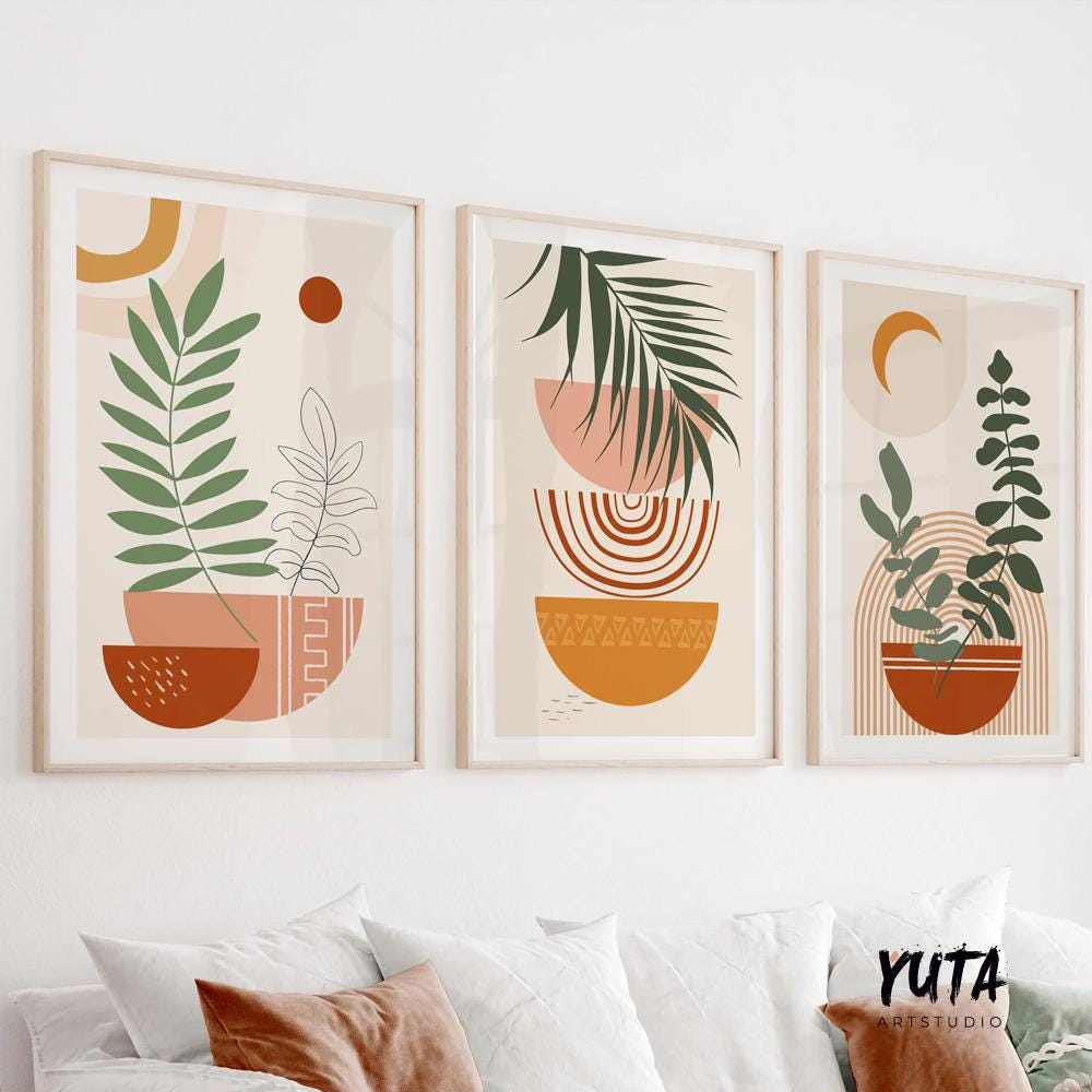 Terracotta Beige Boho Print Set of 3. Mid Century Modern Neutral Wall ...