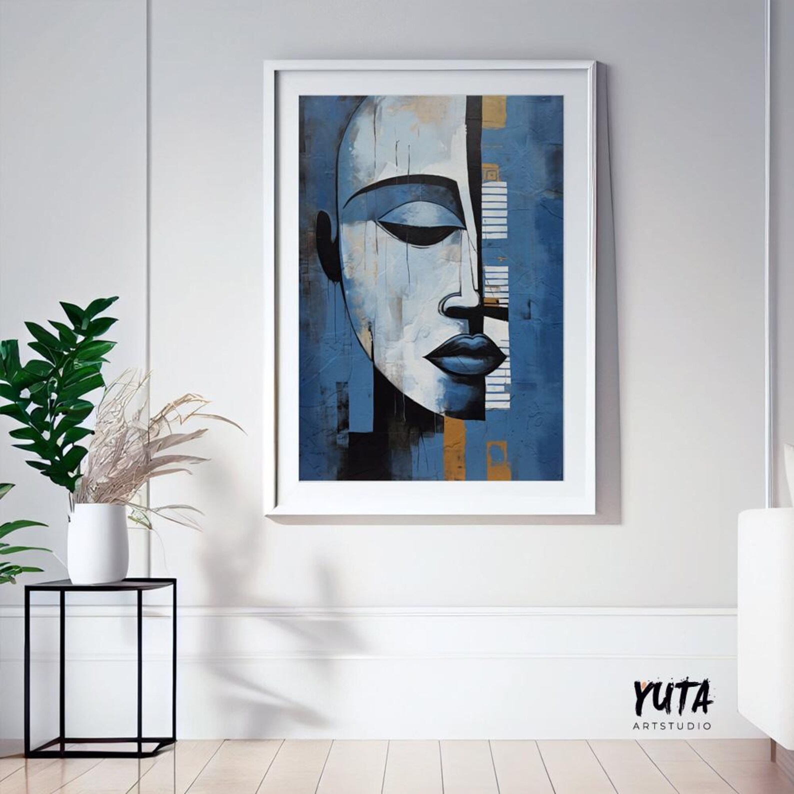 Modern Navy Blue Grey Abstract Painting Print. Contemporary African ...