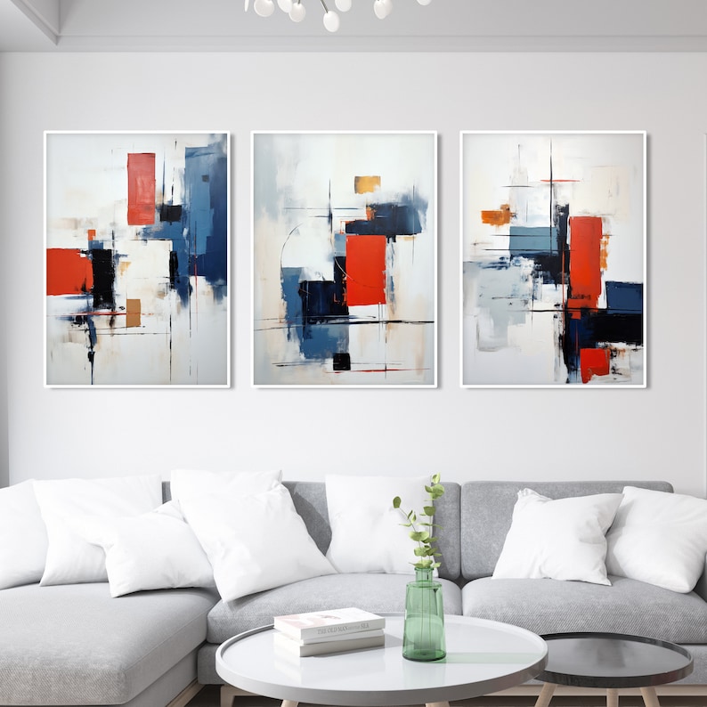 Minimalist Red Blue Abstract Art Gallery Wall Set of 3 Prints. Modern ...