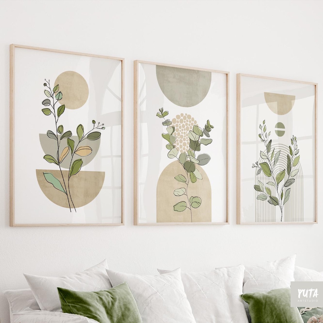 Sage Green Boho Wall Art Set of 3 Print. Neutral Mid Century Modern ...