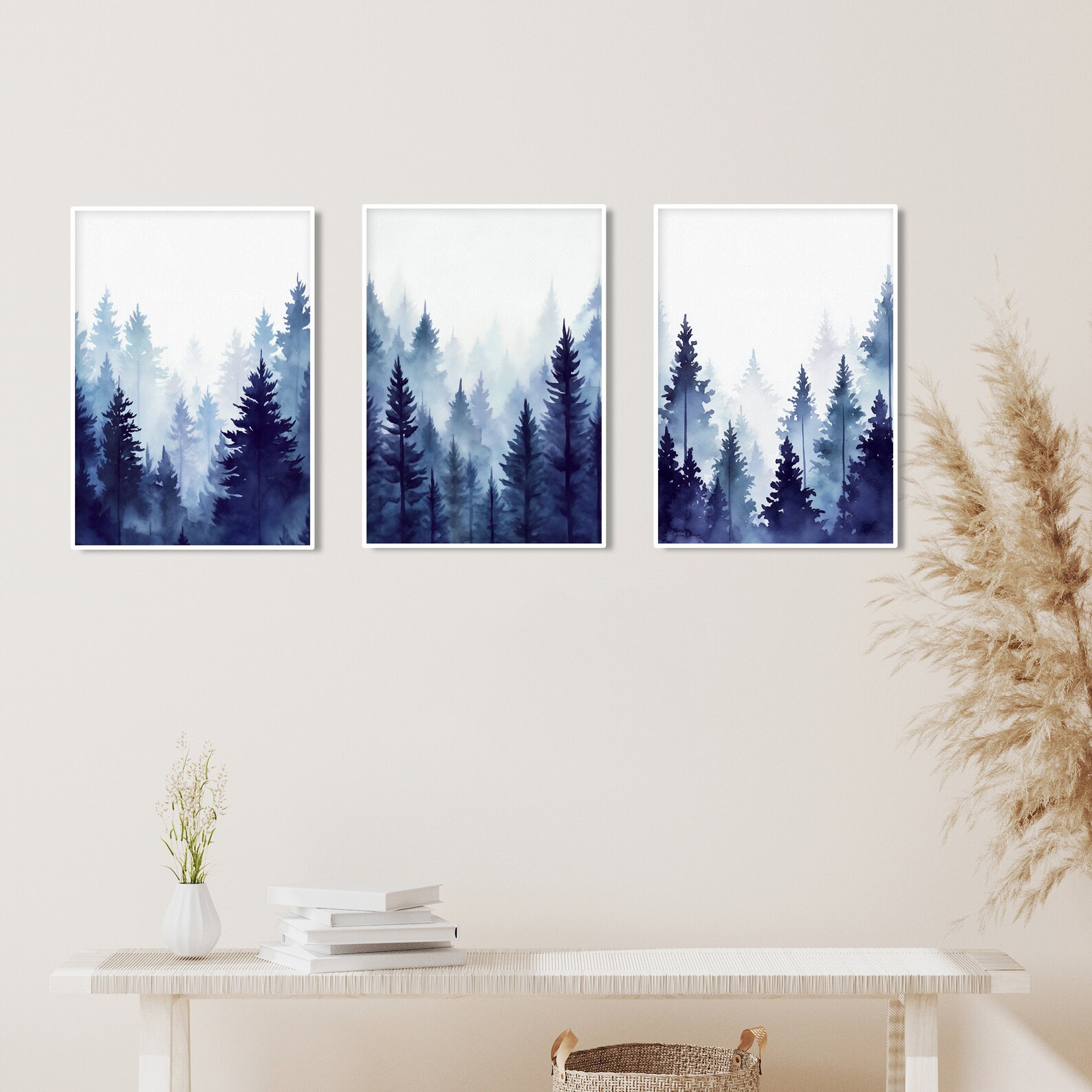 Navy Blue Foggy Pine Trees, Mountain Forest Set of 3 Prints. Nordic ...