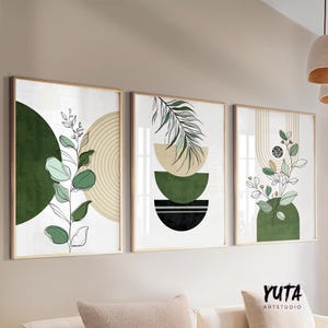 Green Black Boho Wall Art Set of 3 Prints. Mid Century Modern Room ...