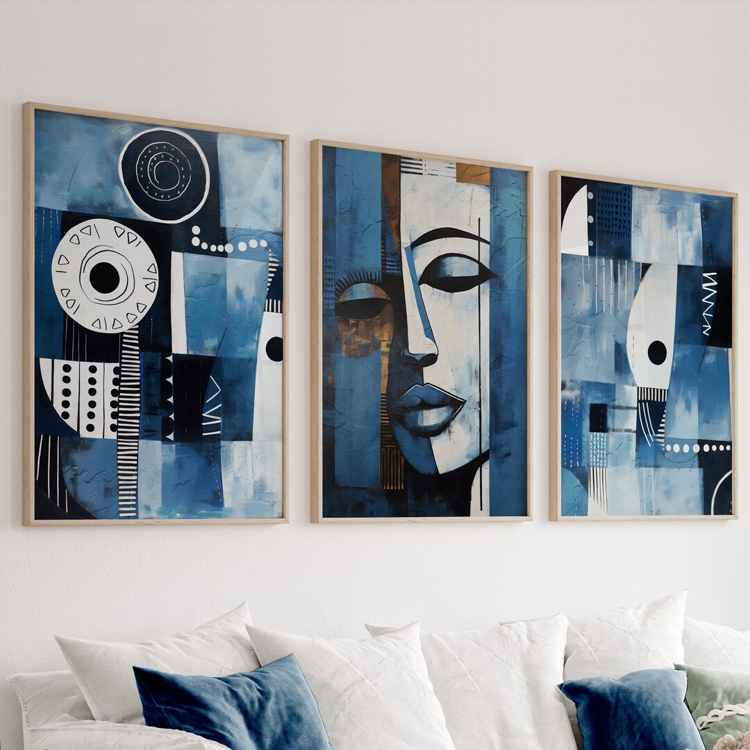 Navy Blue African American Art Set of 3 Print. Abstract Africa Wall Art, Ethnic Gallery Wall Set ...