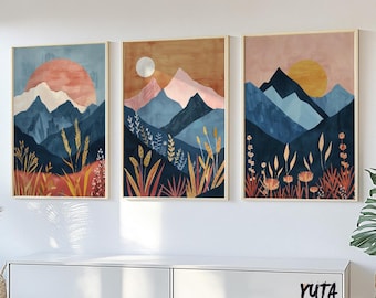 Bright Colorful Mountain Wall Art Set of 3 Print, Minimalist Bright ...