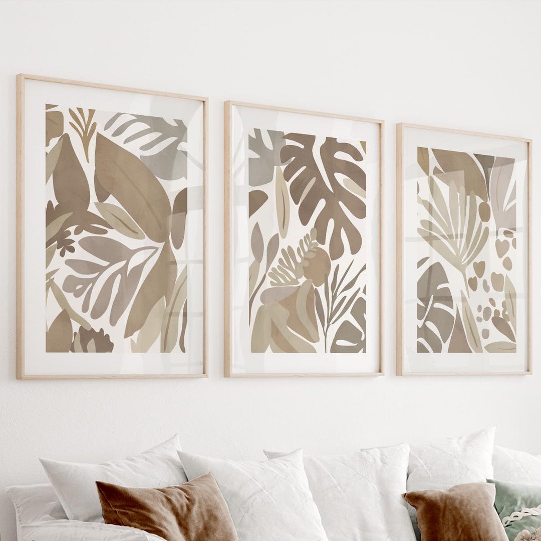 Neutral Mocha Tropical Wall Set of 3 Print. Pastel Naturals Minimalist ...