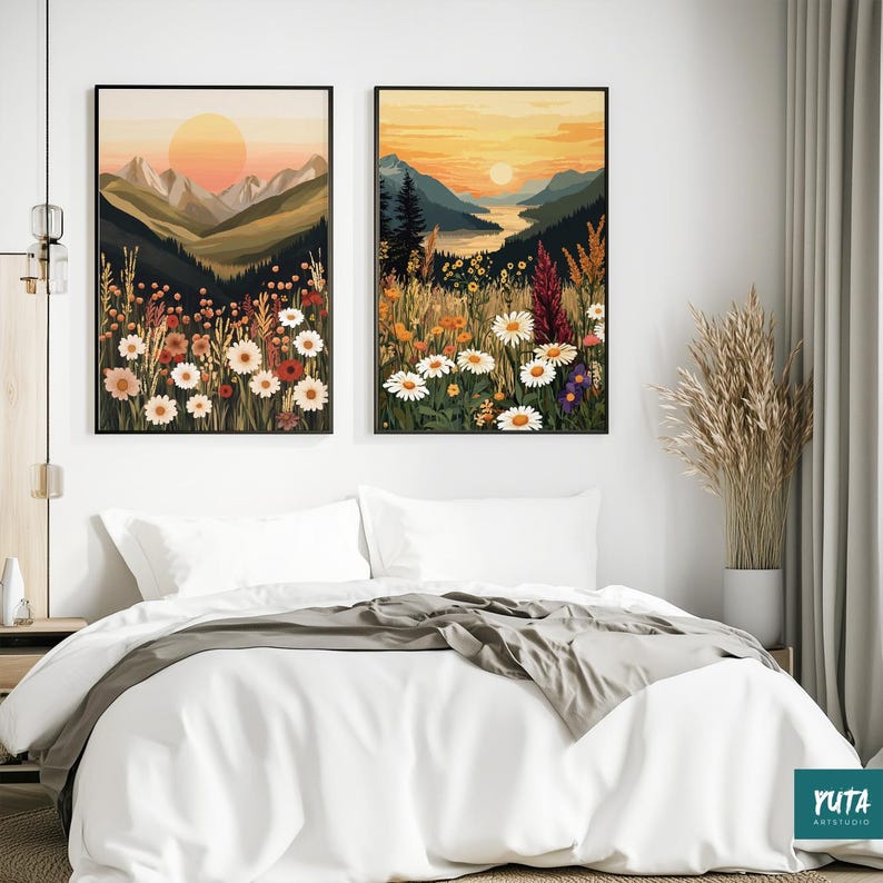 Boho Wildflower Mountain Sunset Landscape Painting Wall Art Set of 2 ...