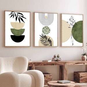Green Black Boho Wall Art Set of 3 Prints. Mid Century Modern Room ...