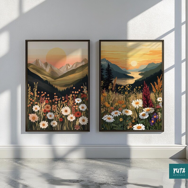 Boho Wildflower Mountain Sunset Landscape Painting Wall Art Set of 2 ...