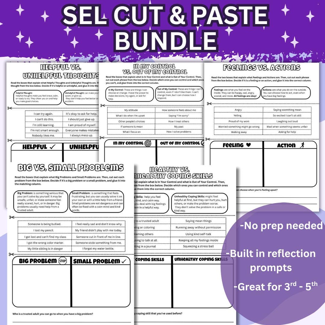SEL Cut and Paste Worksheets for Kids – Emotional Regulation, Coping ...