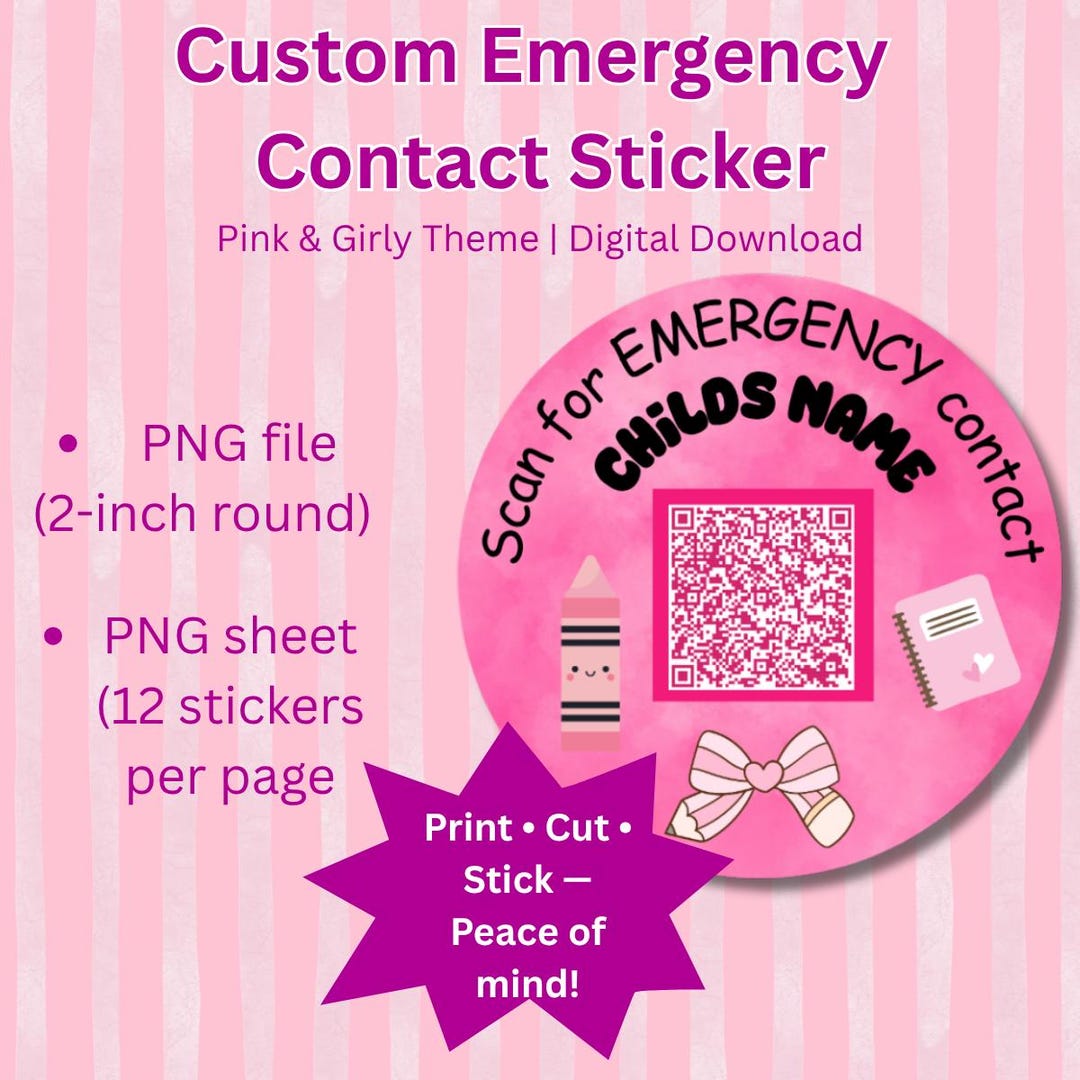 Emergency Contact Sticker for Kids – Pink & Girly Theme | Printable ...
