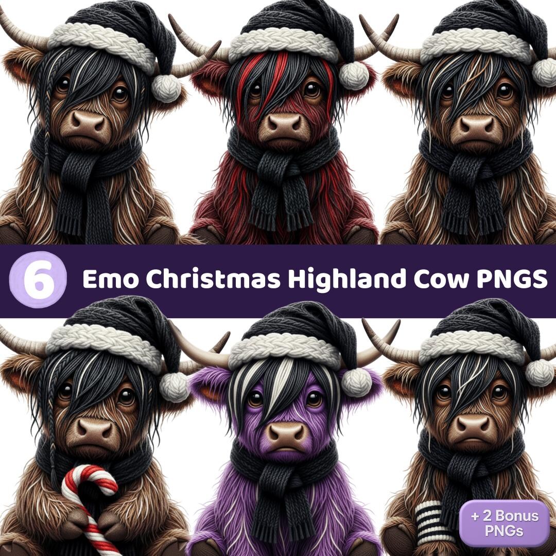 Emo Christmas Highland Cow PNG Bundle | 8 Goth Xmas Sublimation Designs ...