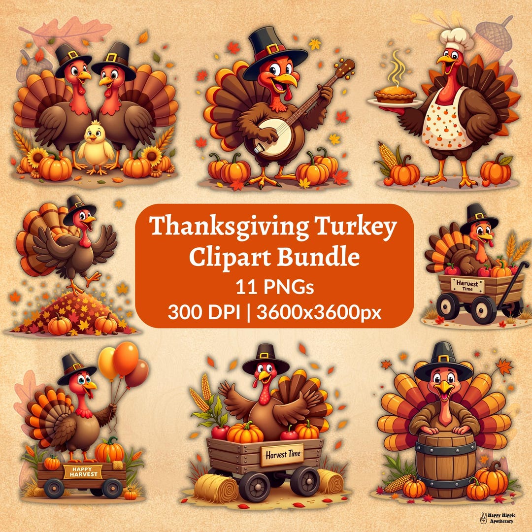 Thanksgiving Turkey Clipart Bundle: Fall PNG Designs (digital Download ...