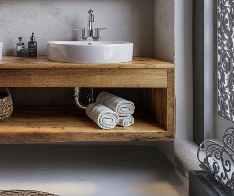 Rustic Floating Bathroom Vanity – Handmade Reclaimed Wood Double Shelf ...