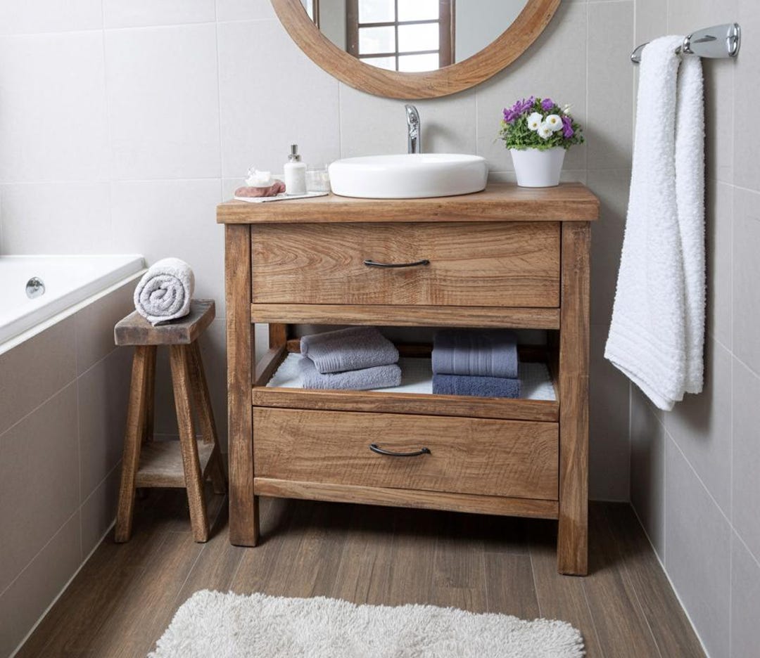 Rustic Oak Bathroom Vanity With Open Shelf & Drawers | Handmade Solid ...