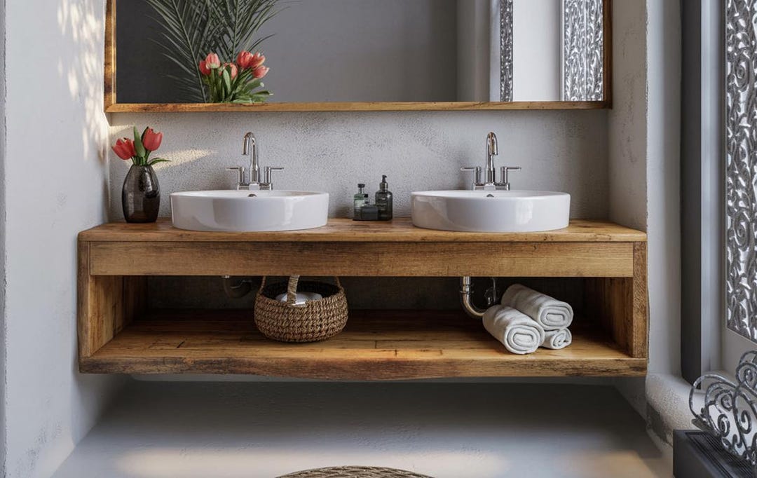 Rustic Floating Bathroom Vanity – Handmade Reclaimed Wood Double Shelf ...