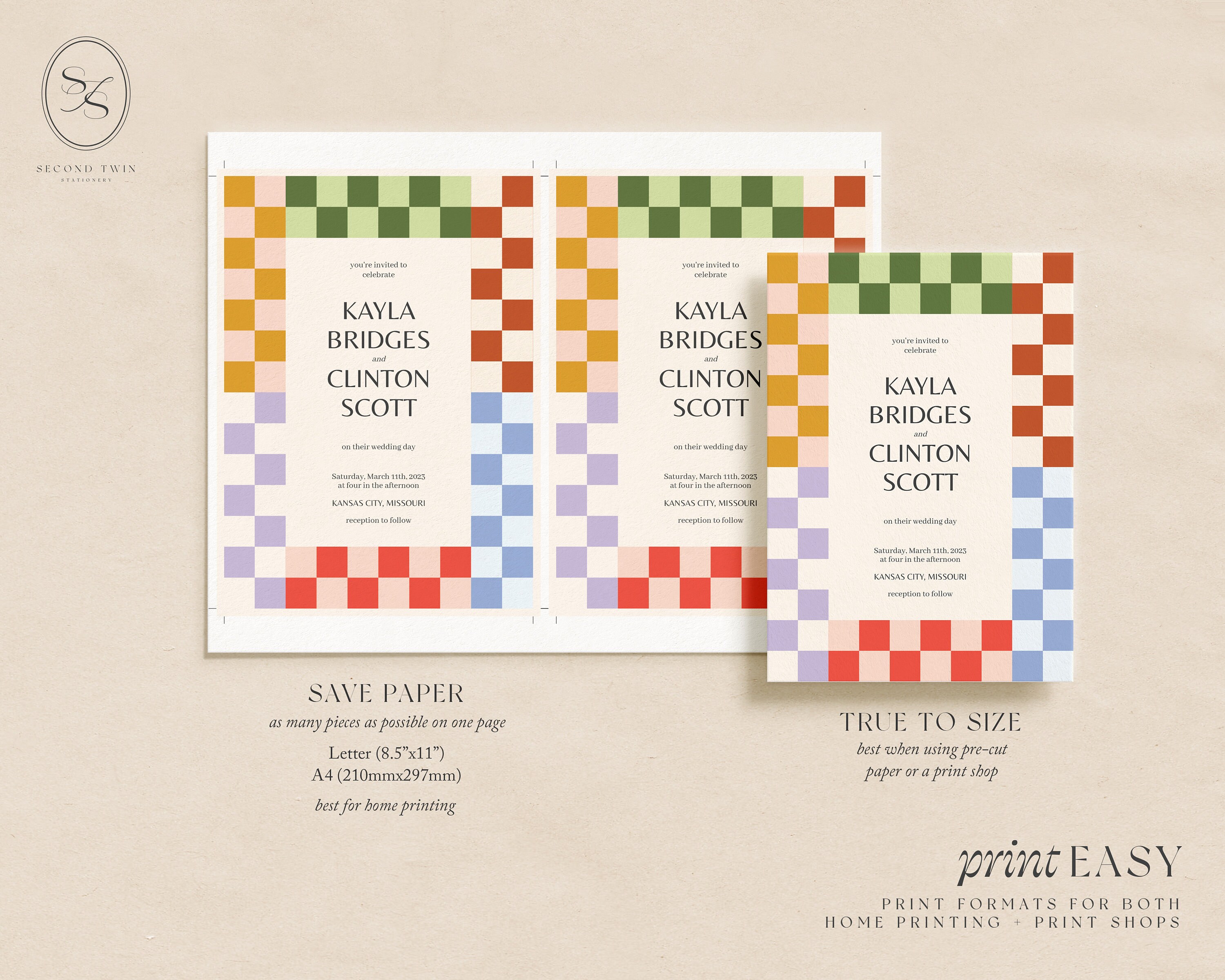 Retro Checkered Wedding Invitation Set INSTANT DOWNLOAD - Etsy