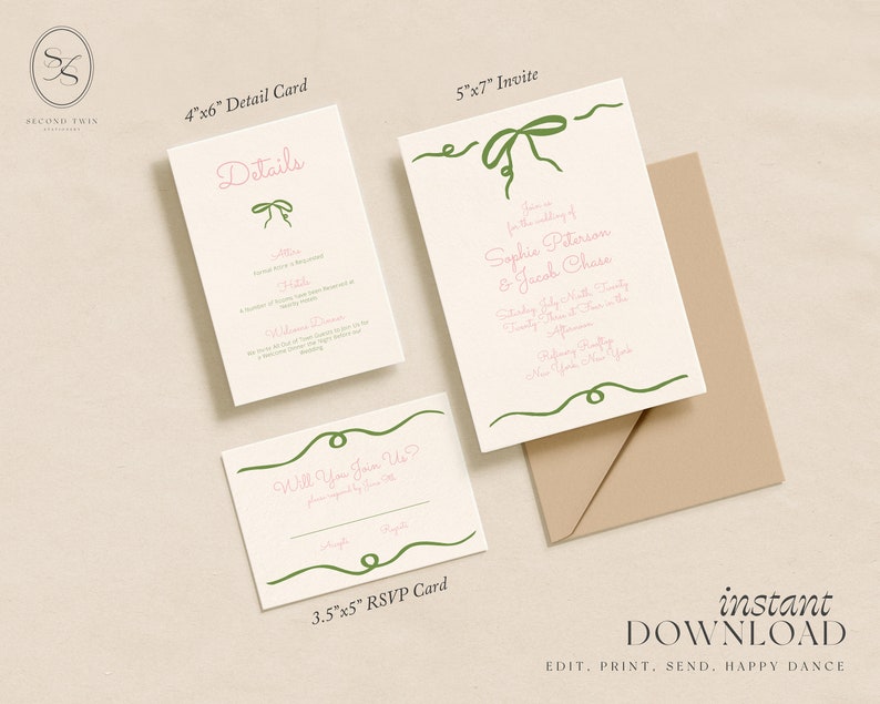 Green Hand Drawn Bow Wedding Invitation Set INSTANT DOWNLOAD - Etsy
