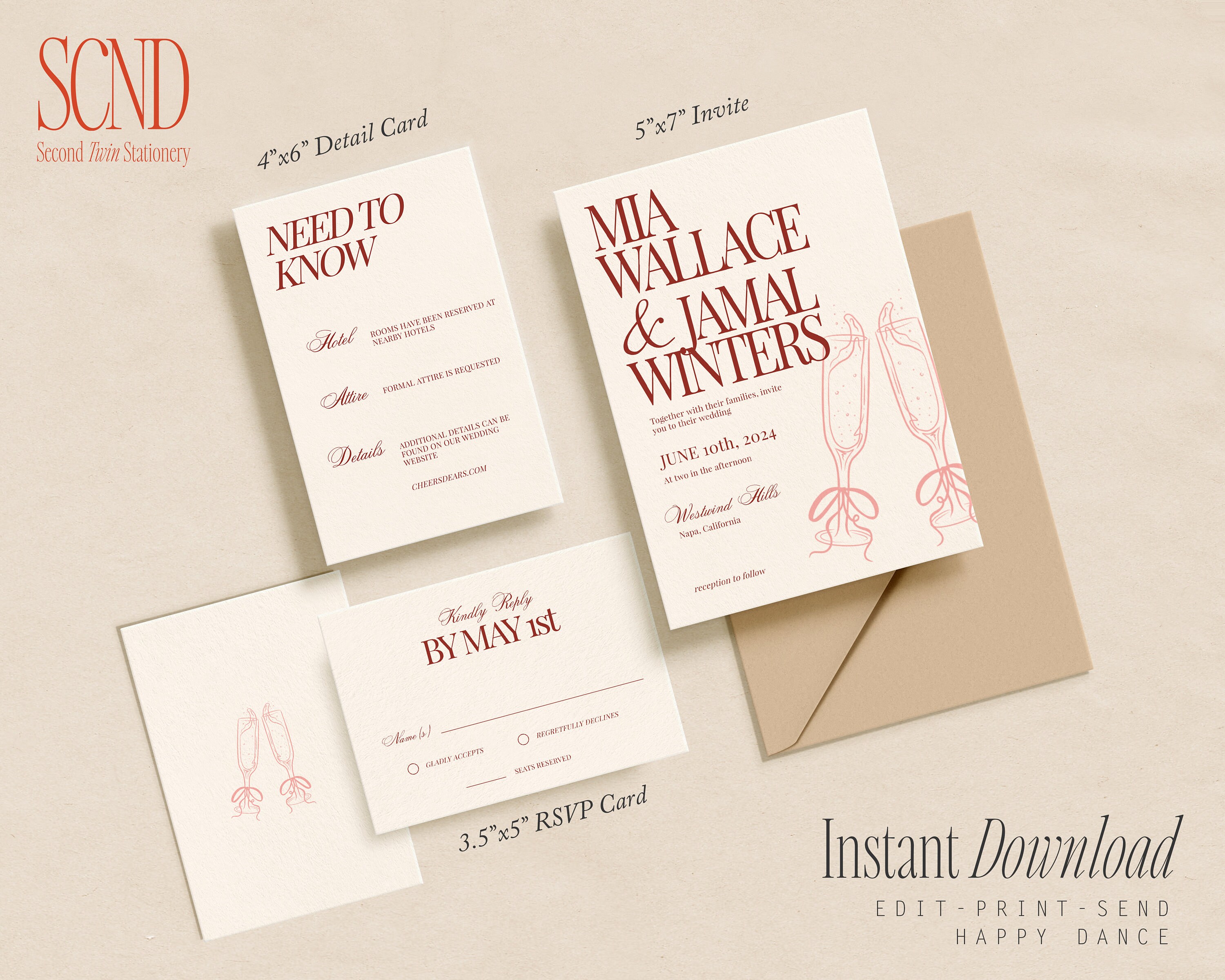 Red Hand Drawn Champagne Flute Wedding Invitation Template Printable ...
