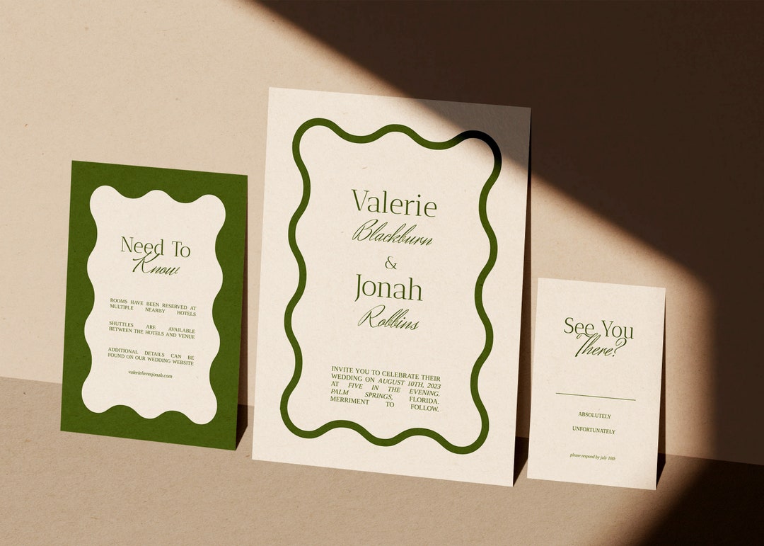Modern Wavy Frame Wedding Invite Set in Green | INSTANT DOWNLOAD ...