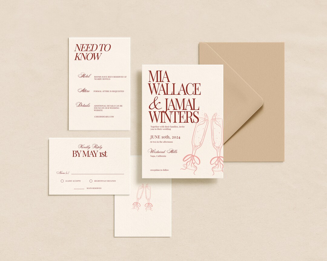Red Hand Drawn Champagne Flute Wedding Invitation Template | Printable ...