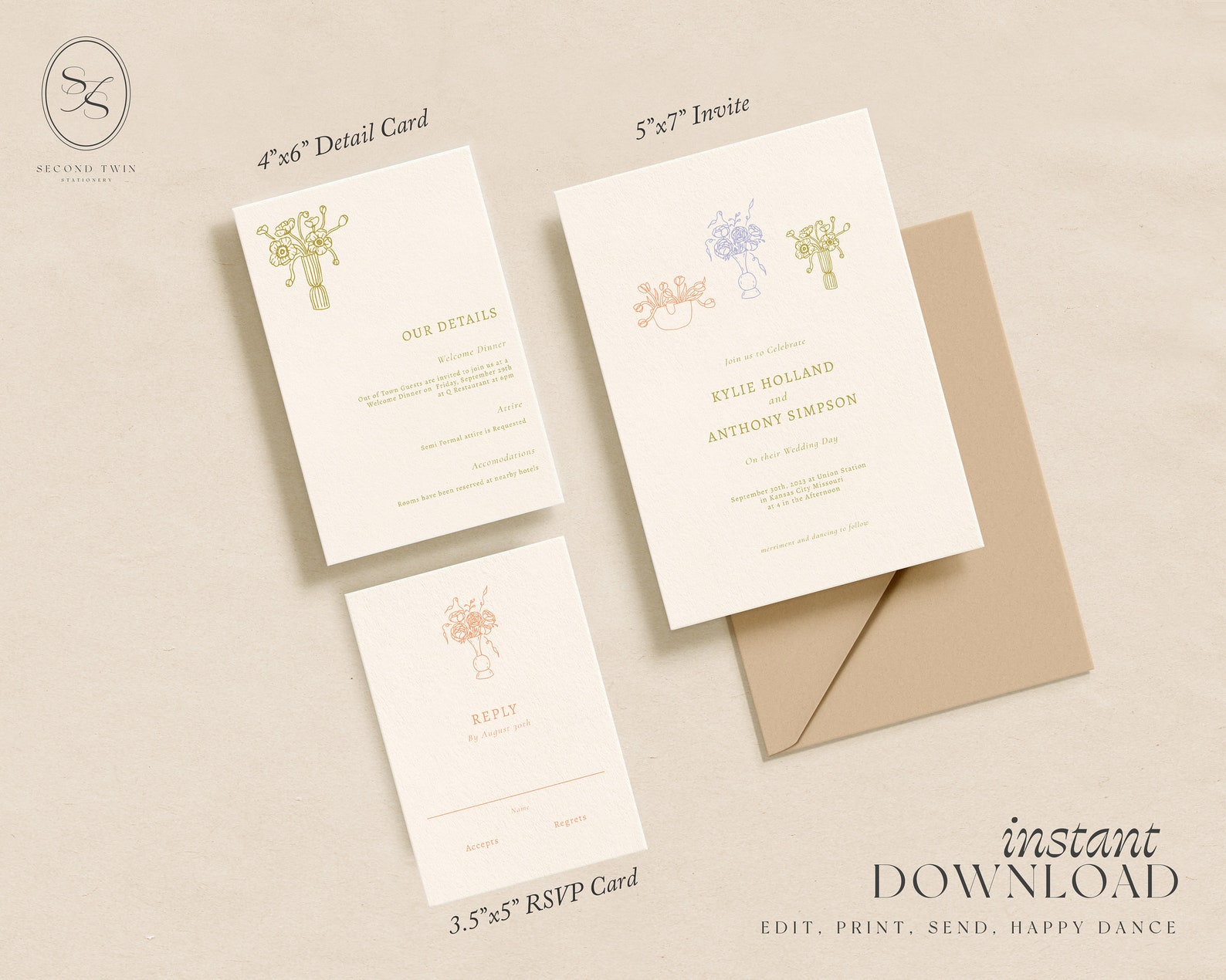 Hand-drawn Flowers Wedding Invitation Set (instant Download) - Etsy