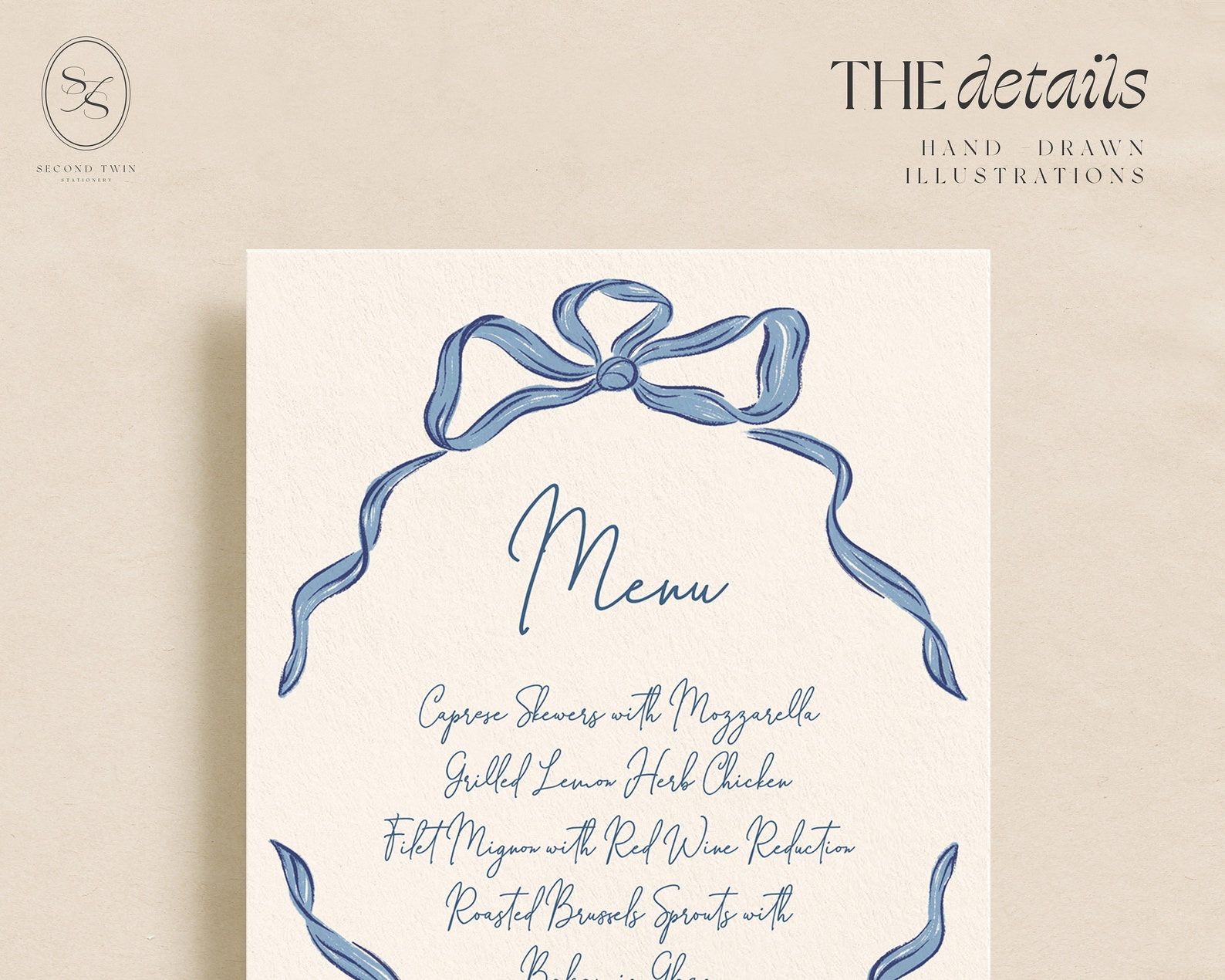 Whimsical Wedding Menu Template: Blue Bow, Editable (instant Download ...