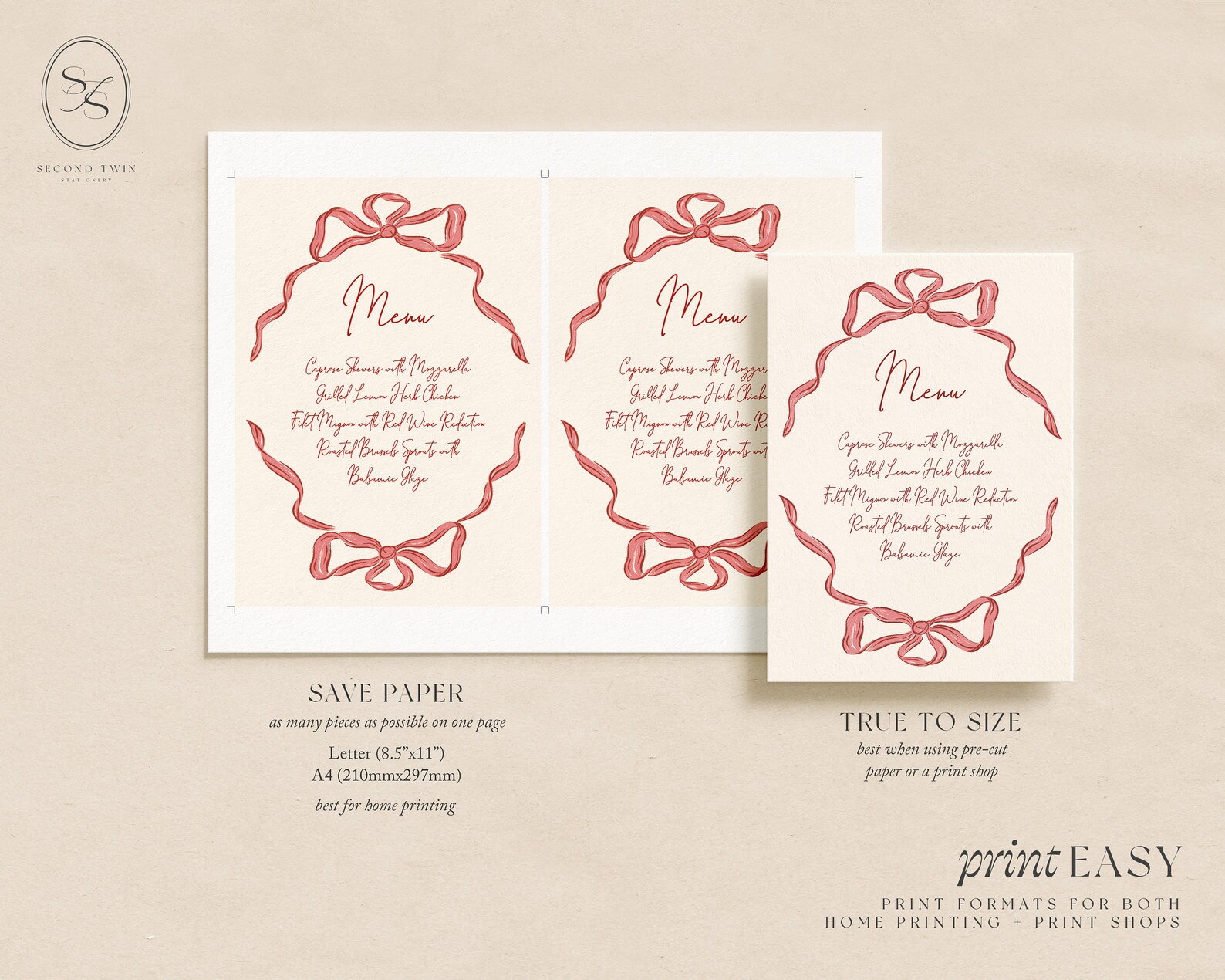 Whimsical Dinner Menu Template Pink Hand Drawn Bow INSTANT DOWNLOAD ...
