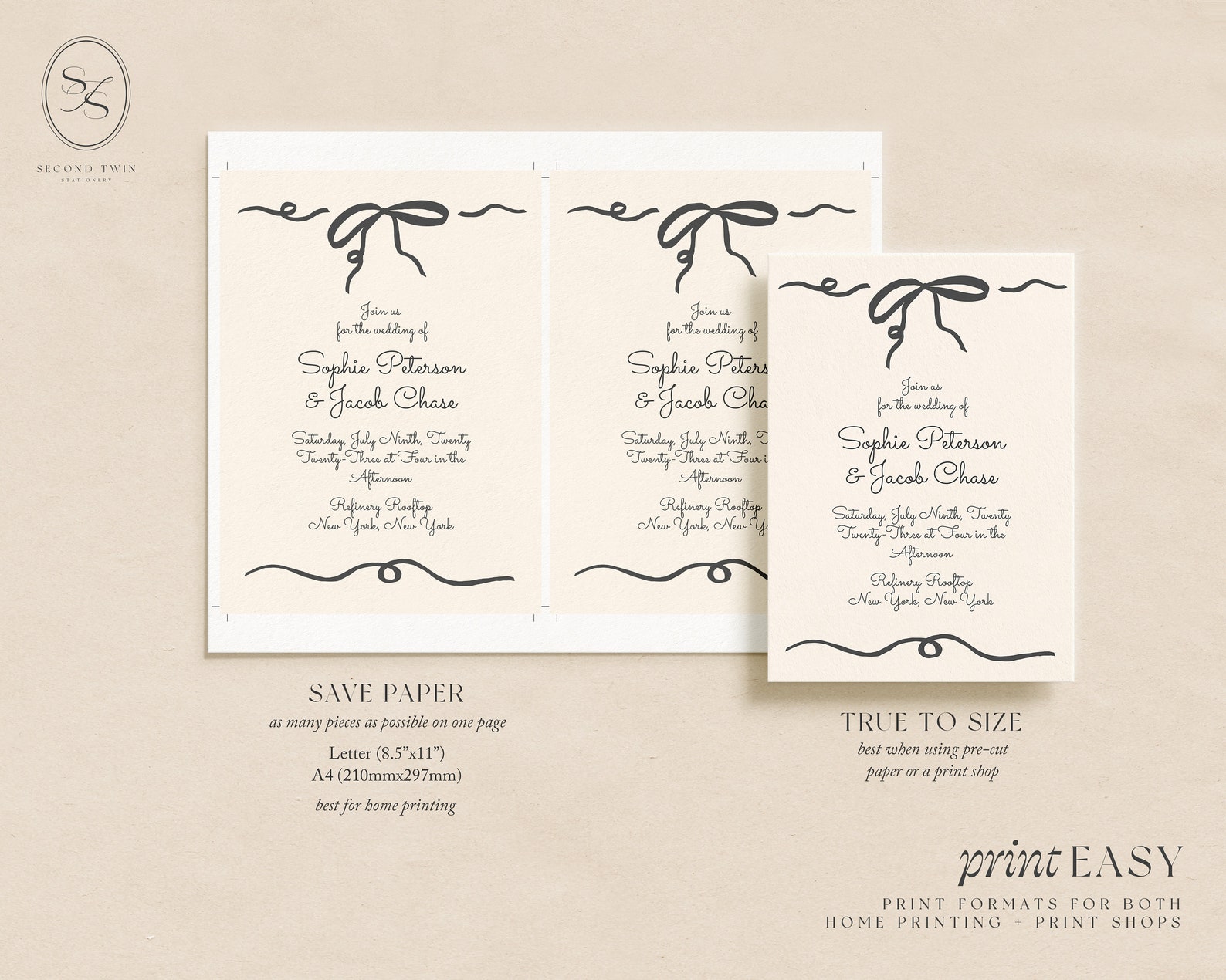 Black Hand Drawn Bow Wedding Invitation Set INSTANT DOWNLOAD - Etsy