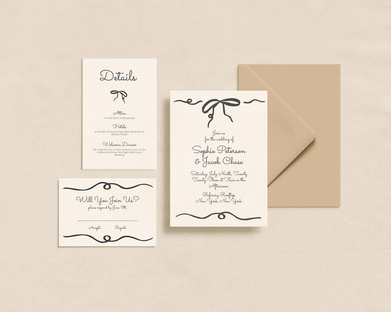 Black Hand Drawn Bow Wedding Invitation Set INSTANT DOWNLOAD - Etsy