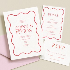 Red Wavy Frame Wedding Invitation Set: Playful Editable Template ...