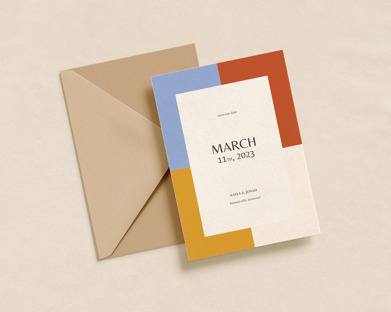 Colorblock Wedding Save the Date: Retro Blue Gold Red (digital Download ...