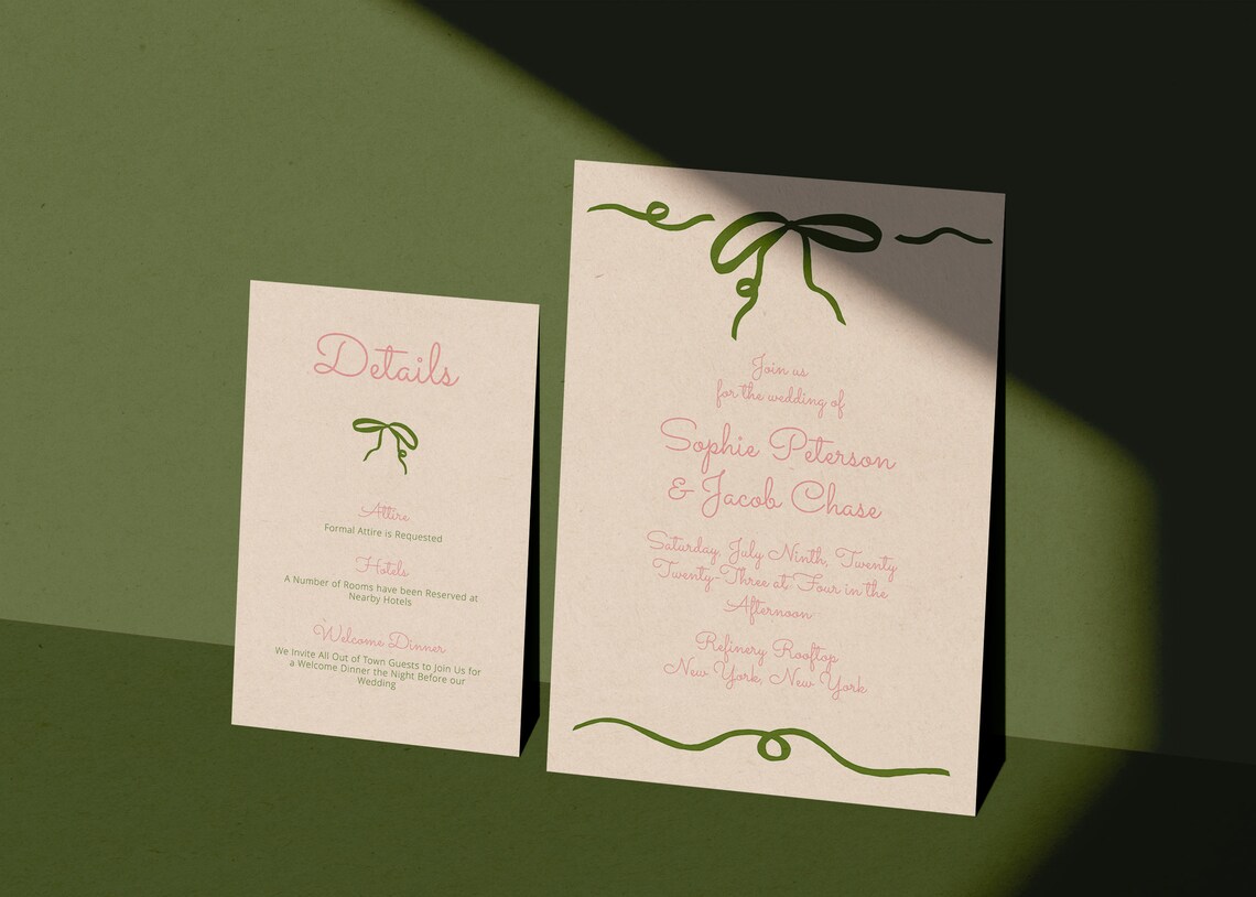 Green Hand Drawn Bow Wedding Invitation Set INSTANT DOWNLOAD - Etsy