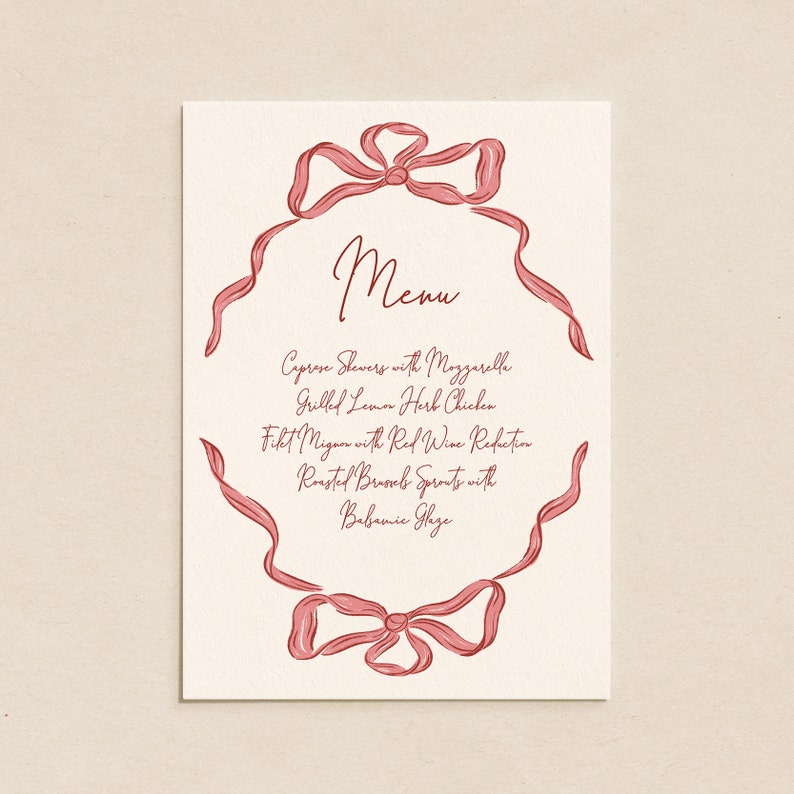 Whimsical Dinner Menu Template | Pink Hand Drawn Bow | INSTANT DOWNLOAD ...