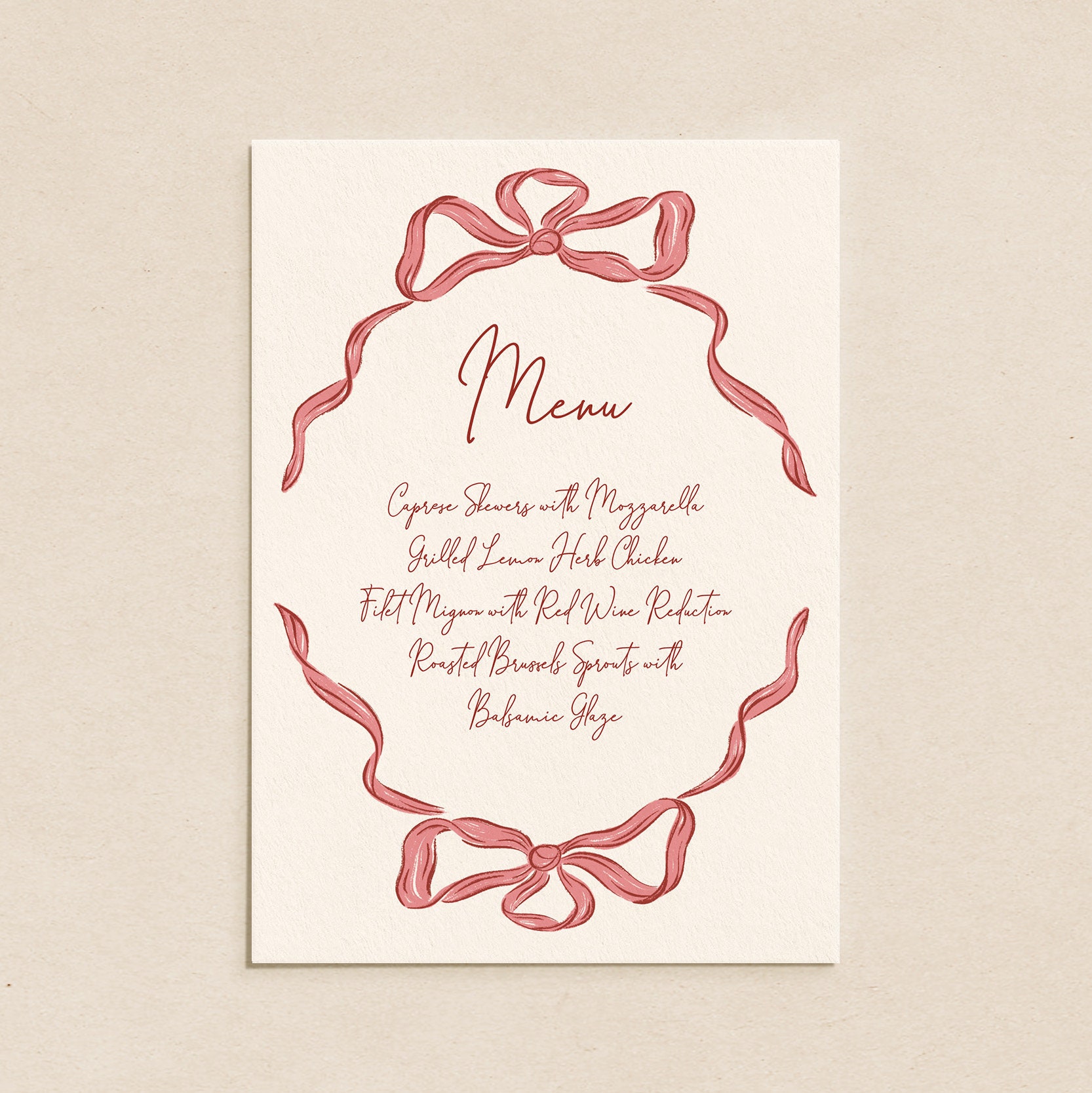 Whimsical Dinner Menu Template Pink Hand Drawn Bow INSTANT DOWNLOAD ...