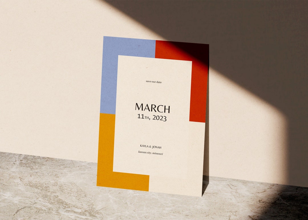 Colorblock Wedding Save the Date: Retro Blue Gold Red (digital Download ...