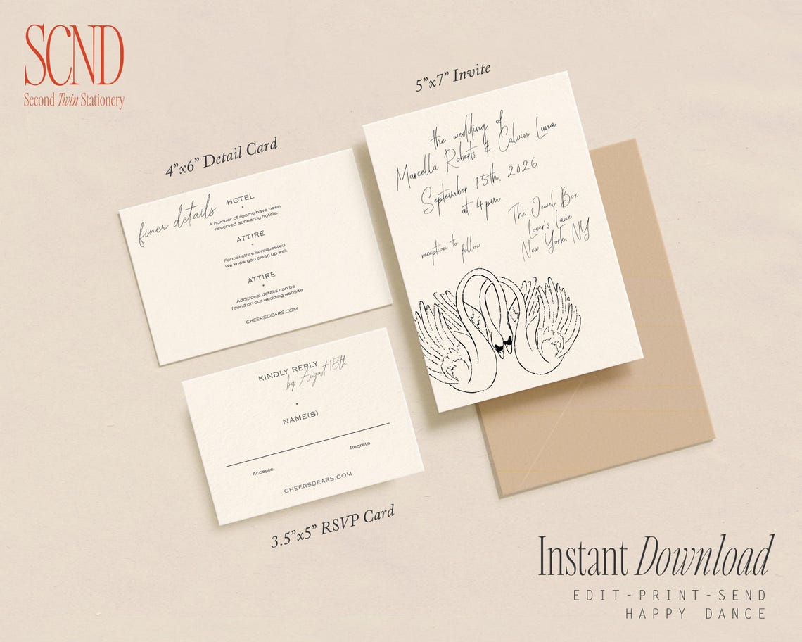 Vintage Swan Wedding Invitation Suite • Whimsical Invite Set • Details ...