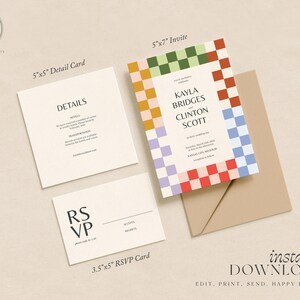 Retro Checkered Wedding Invitation Set | INSTANT DOWNLOAD | Printable ...