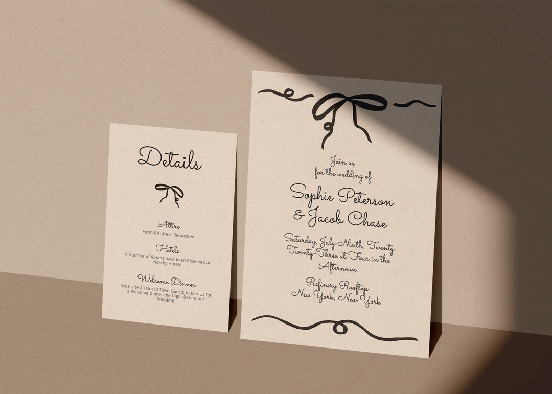 Black Hand Drawn Bow Wedding Invitation Set | INSTANT DOWNLOAD ...