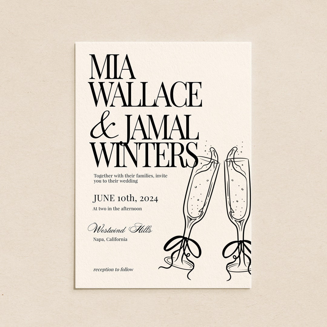 Whimsical Hand Drawn Champagne Invitation Card | Rehearsal Dinner ...