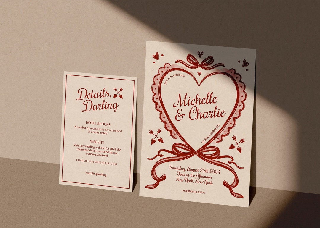 Coquette Wedding Invitation Set: Hand-drawn Heart & Bow (digital ...