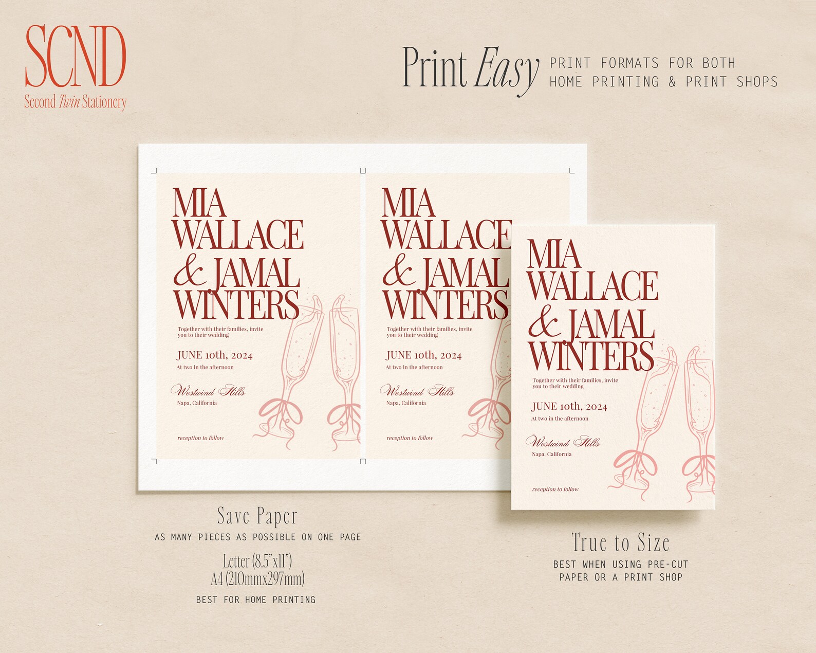 Red Hand Drawn Champagne Flute Wedding Invitation Template Printable ...