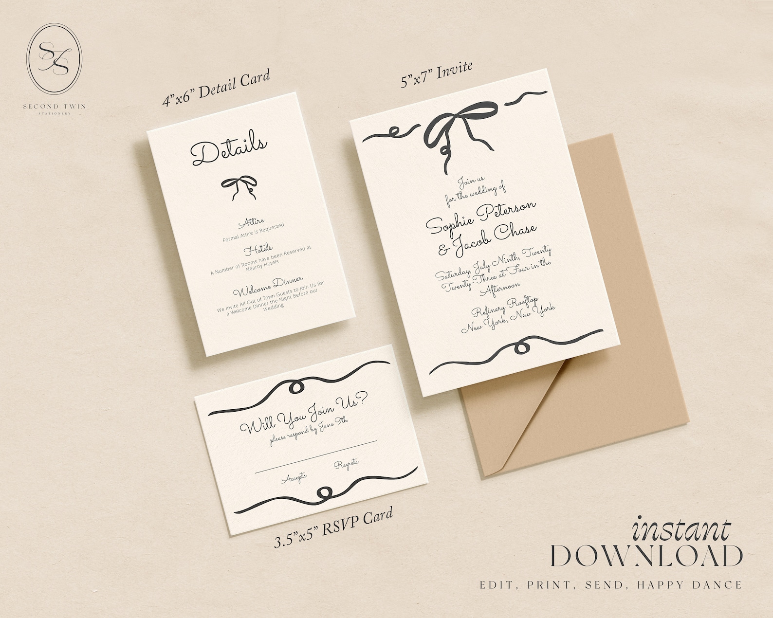 Black Hand Drawn Bow Wedding Invitation Set INSTANT DOWNLOAD - Etsy