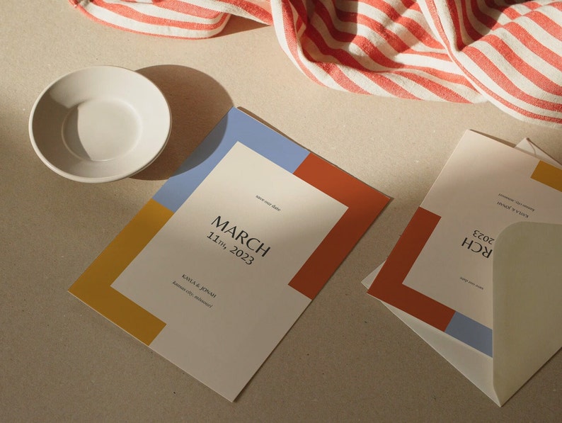 Colorblock Wedding Save the Date: Retro Blue Gold Red (digital Download ...
