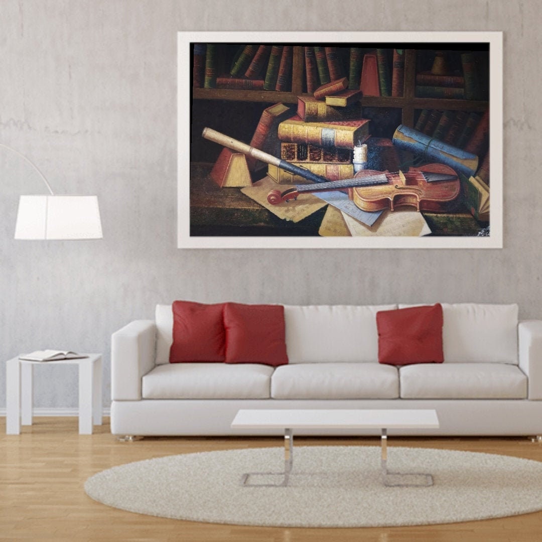 Old Library and Desk With Music, Oil Painting on Canvas, Realistic and ...