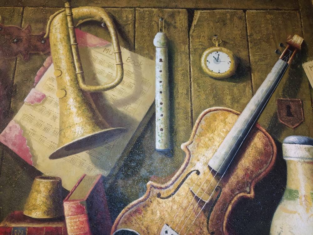 Music Instruments, Oil Painting on Canvas, Soft Colours, Antique and ...