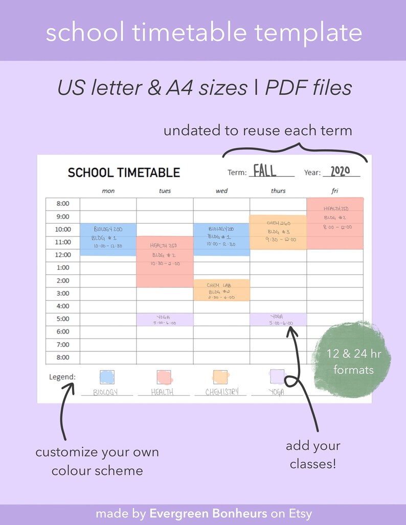 School Timetable Printable for Courses | College, University, School ...