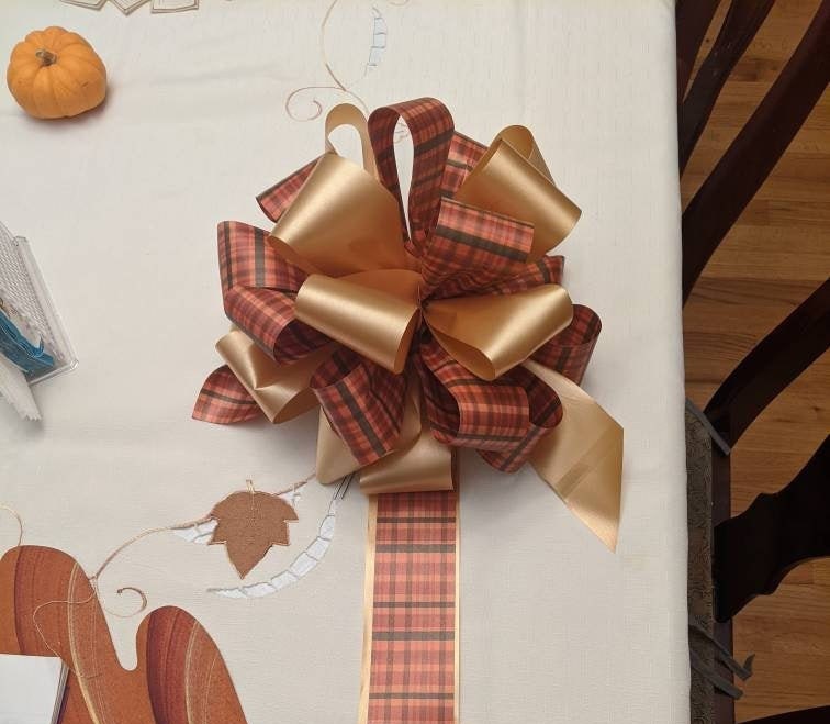 Fall Cornstalk Bow, Fall Bow, Outdoor Bow , Gold and Orange Plaid Bow ...